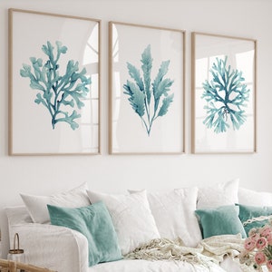Teal Corals Set of 3 Prints, Minimalist Wall Decor, Costal Artwork ...