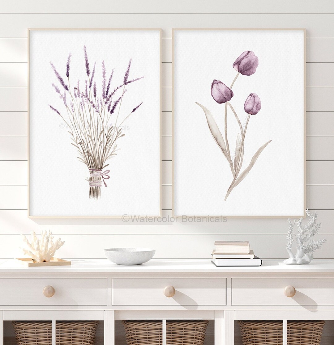 Watercolor Lavender and Tulips Set of 2 Prints Floral Wall Art ...