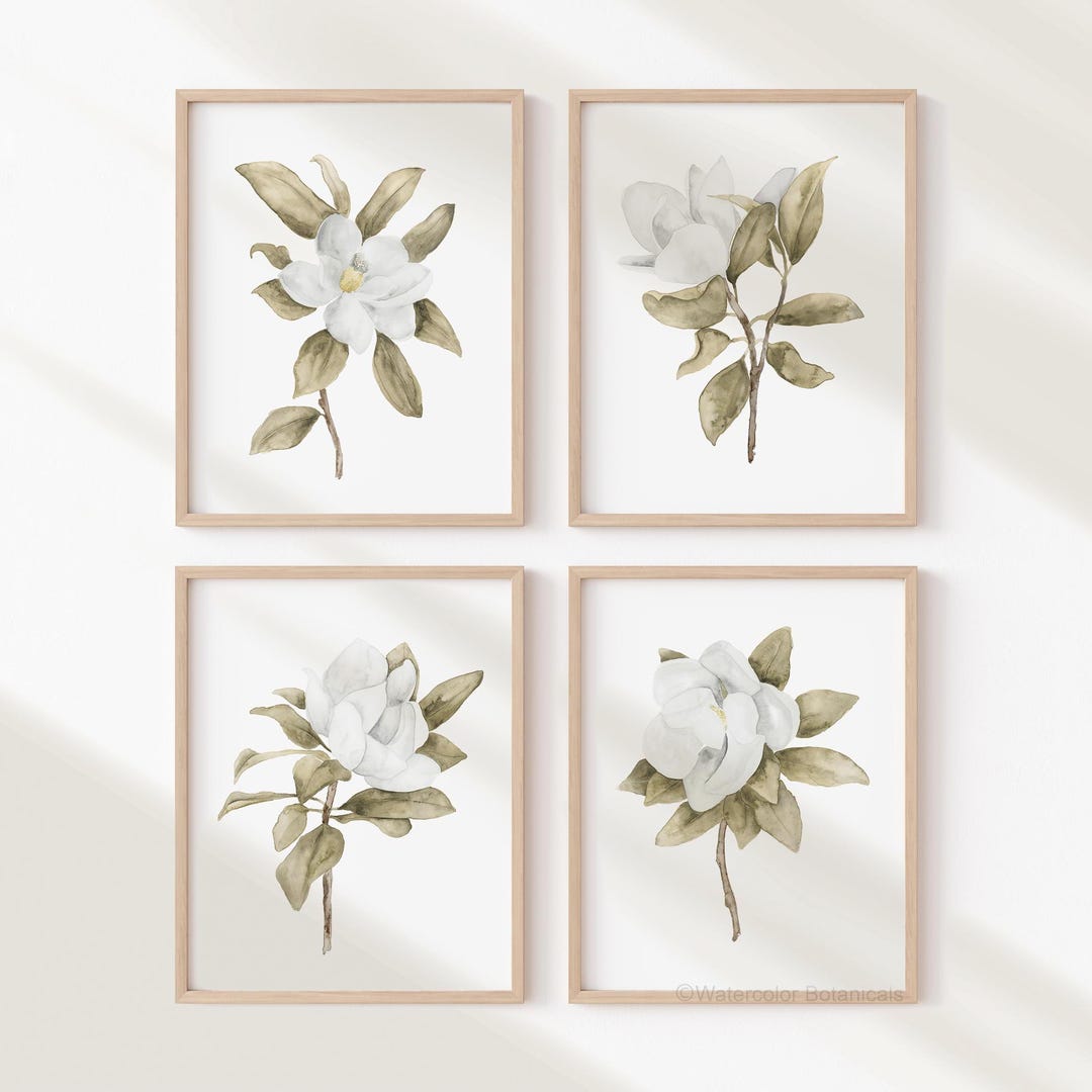 White Magnolia Painting in Neutral Colors, Minimalist Wall Decor, Set ...