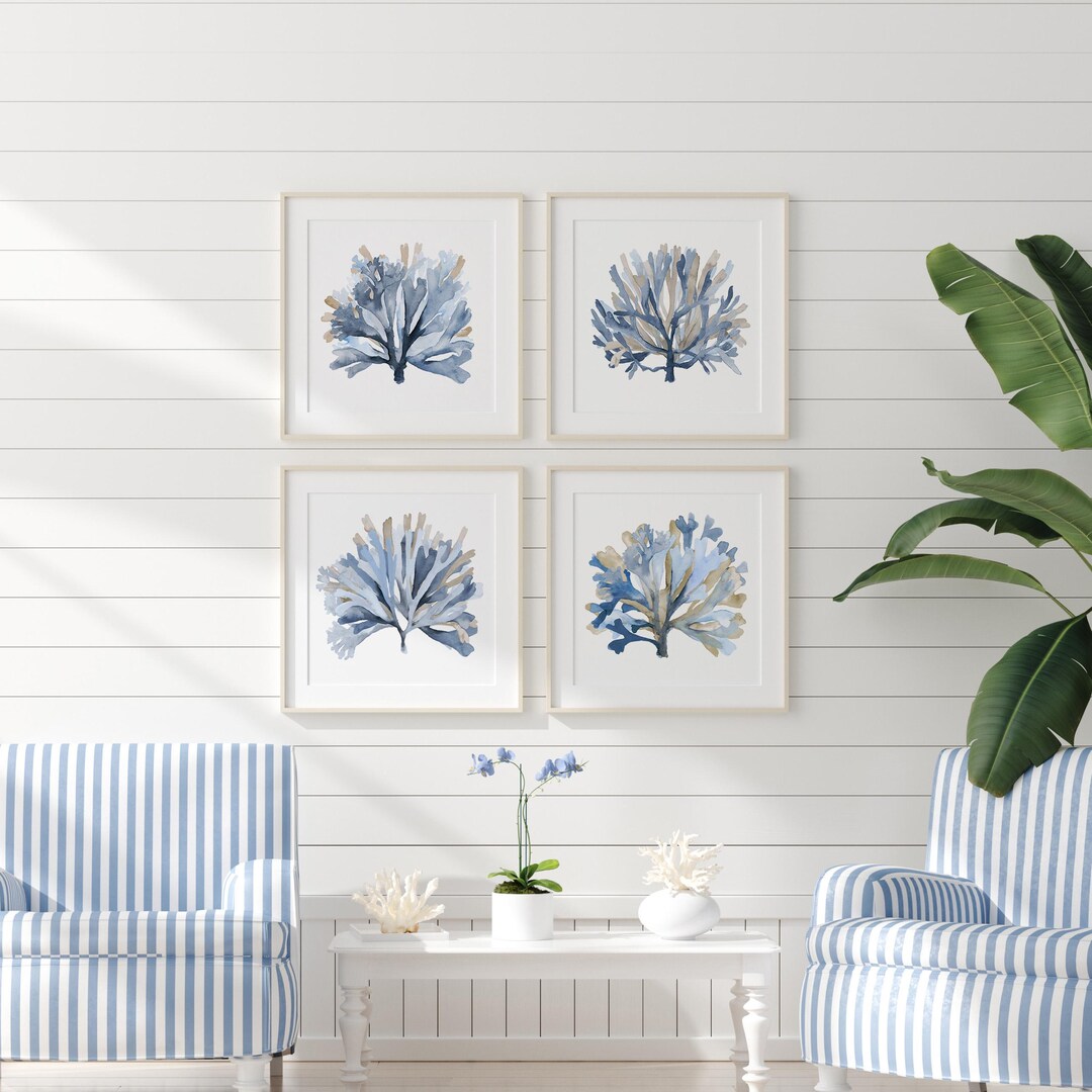 Hamptons Inspired Corals, 4 Prints Navy Blue Seaweed Painting ...