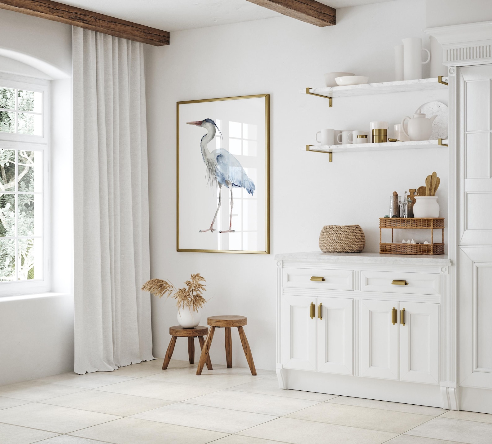 Walking Heron Watercolor – Tall Soft Blue Bird Print for Modern Home ...