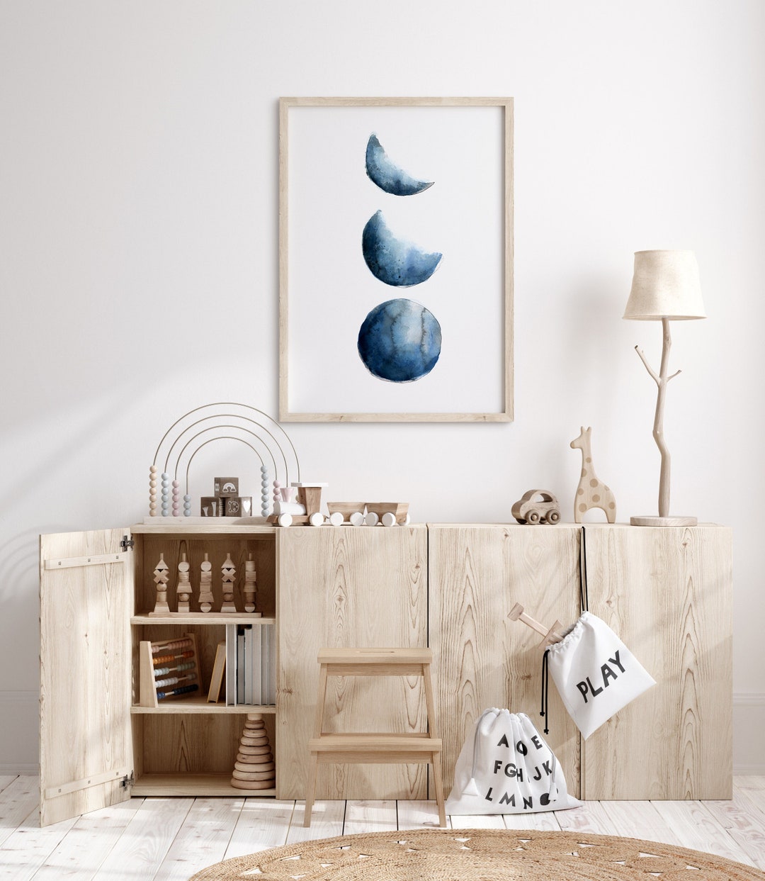 Contemporary Moon Phases, Indigo Navy Blue Art, Watercolor Decor ...