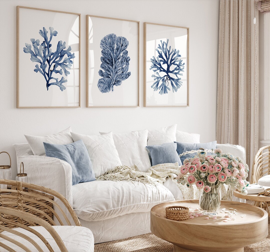 Watercolor Coastal Set of 3 Prints, Navy Blue Indigo Corals & Seaweeds ...