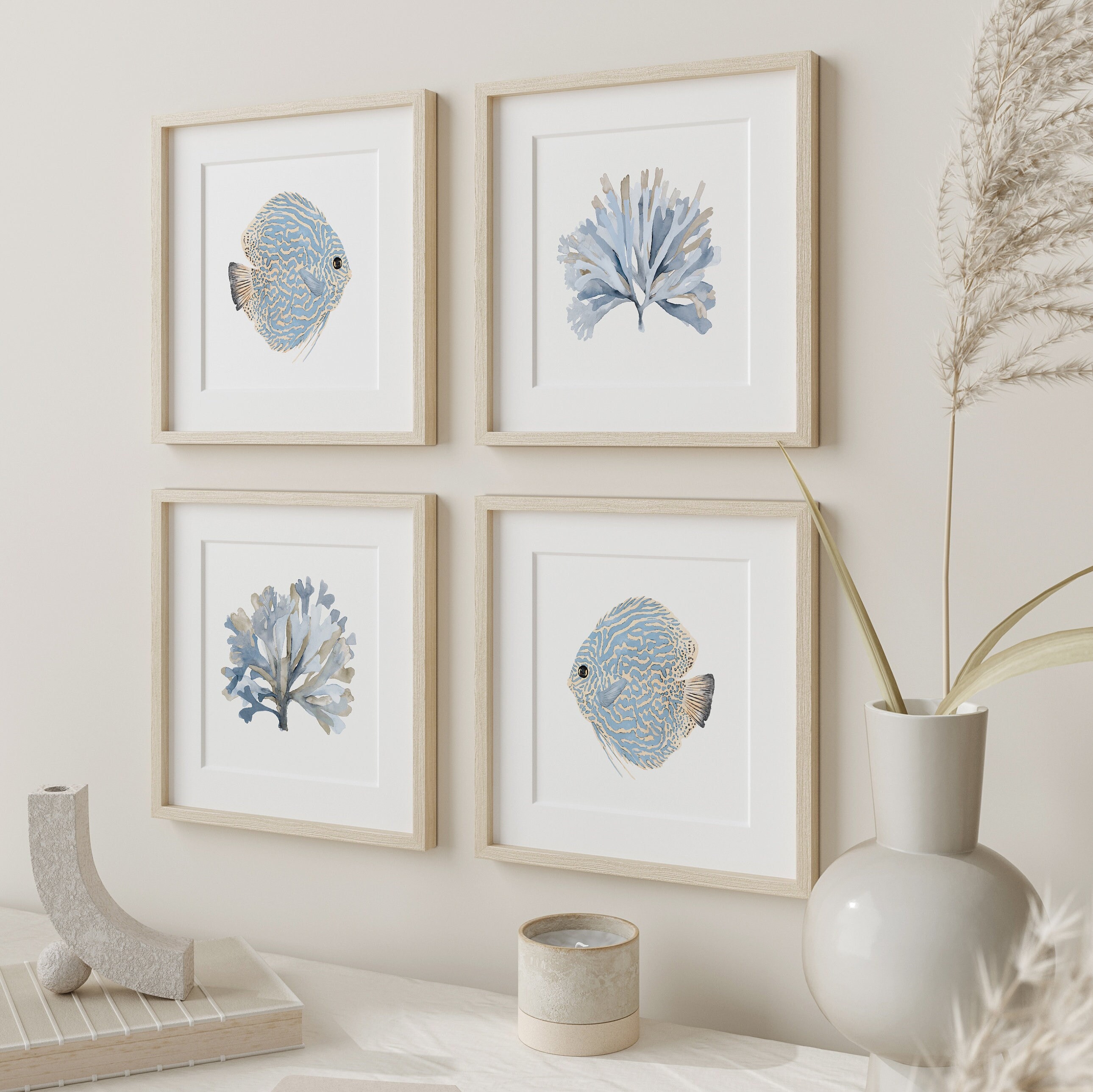 Discus Fish and Seaweed Wall Art – Minimalist Set of 4 Prints, Light ...
