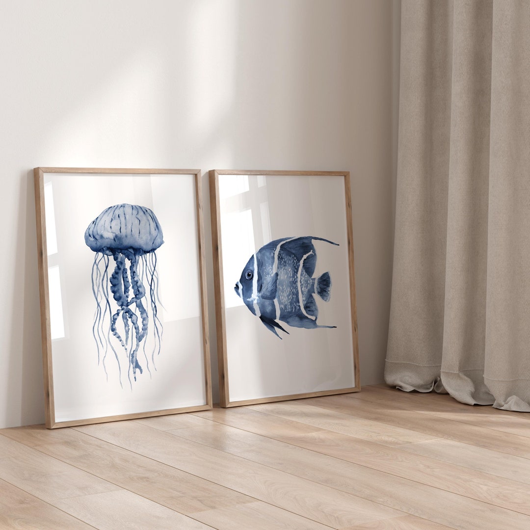 Jellyfish and Angel Fish, Navy Blue Coastal Wall Decor, Art for Kids ...