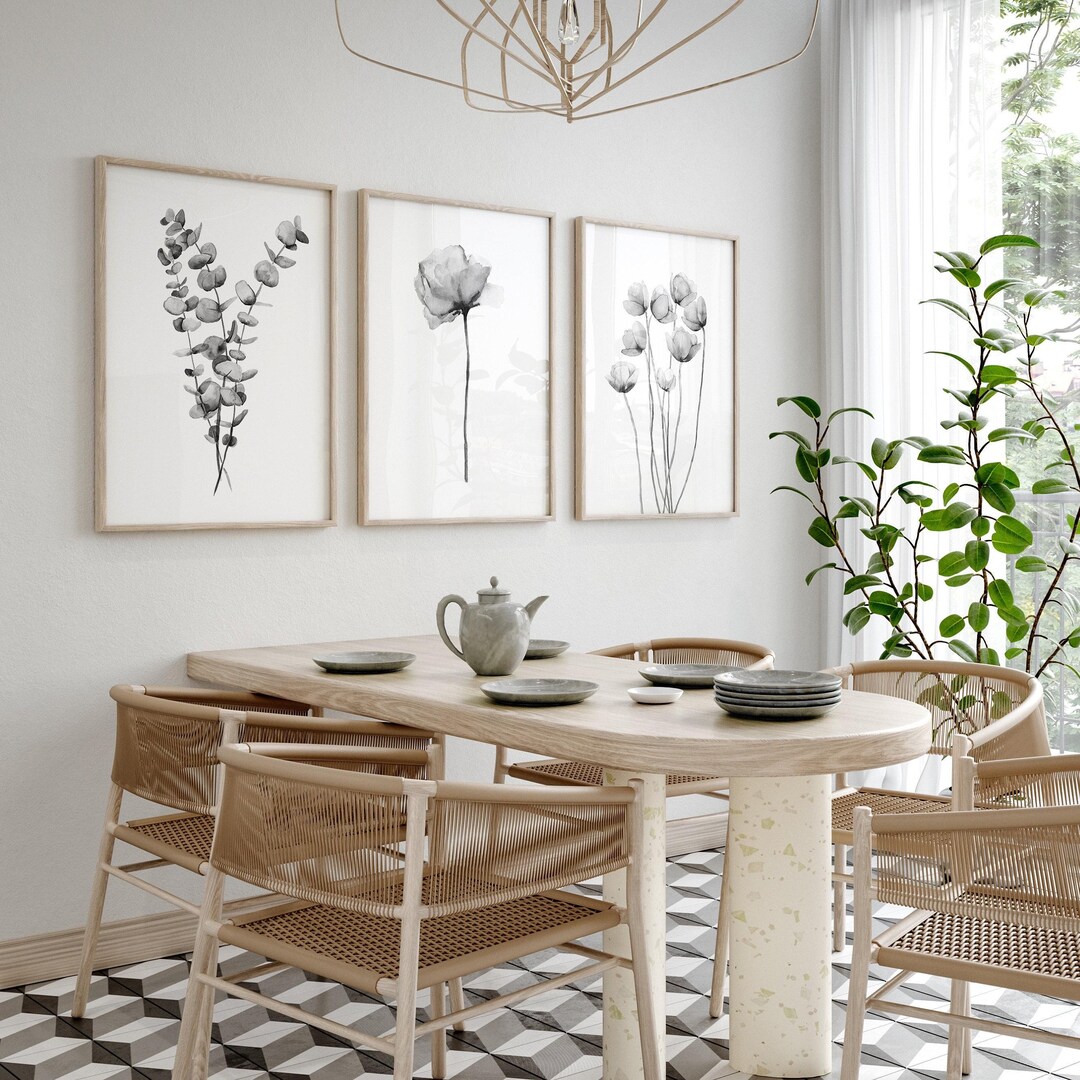 Black Botanical Prints – Watercolor Floral Wall Art Set, Modern Neutral ...