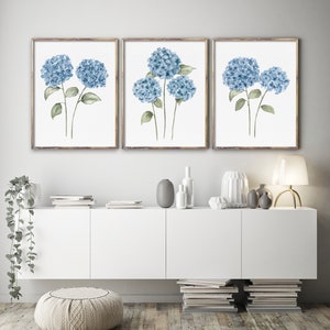 Blue Hydrangea Set of 3 Prints, Minimalist Wall Decor, Abstract Flowers ...