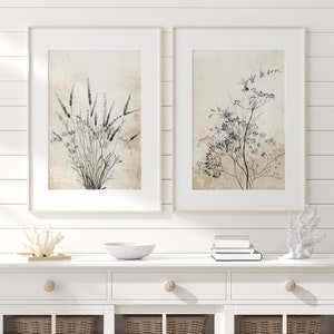 Farmhouse Wall Decor Black Gray Beige Wild Flower Black Flowers Set of ...