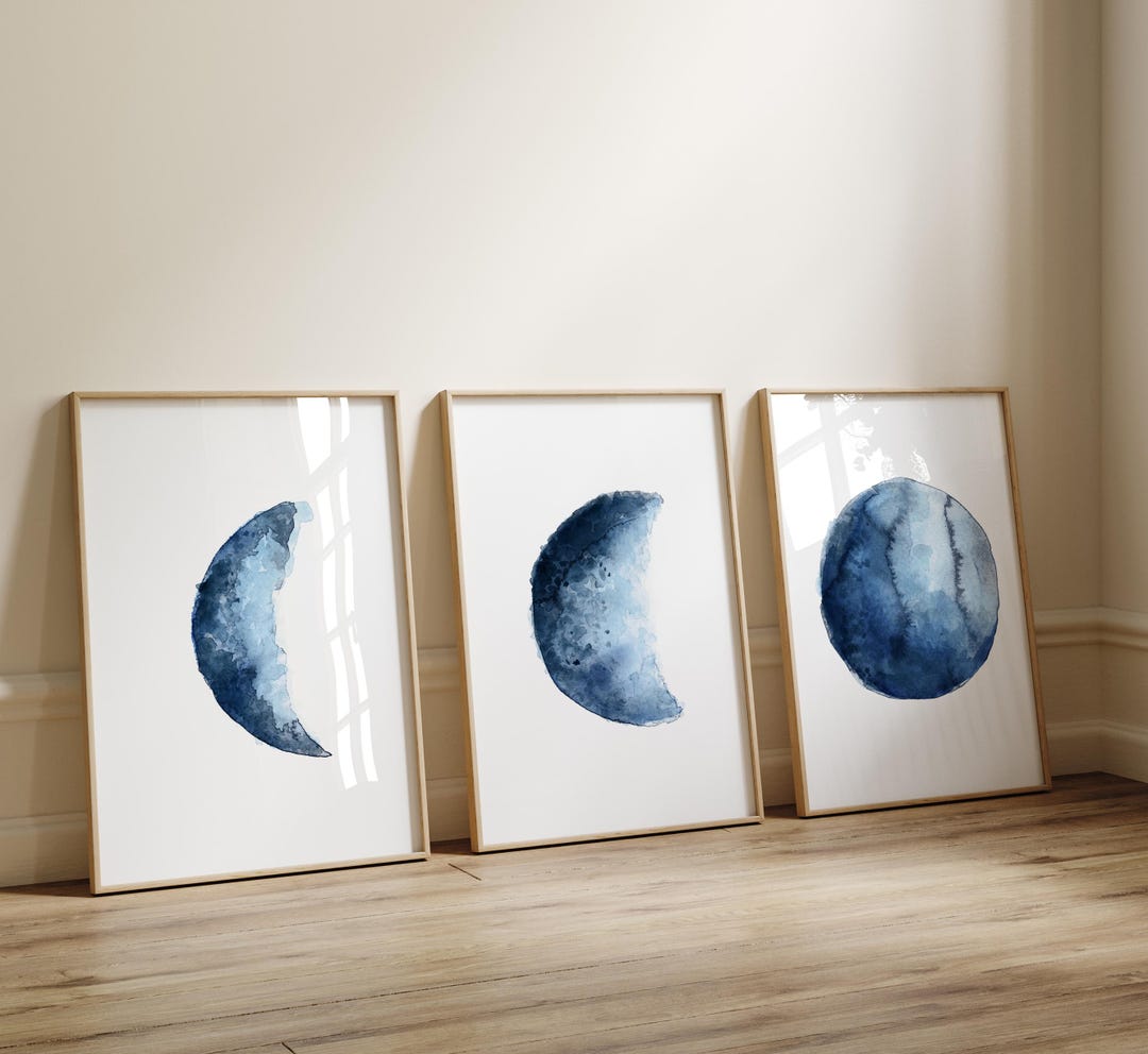 Blue Moon Phases Set of 3 Prints, Navy Blue Indigo Crescent, Minimalist ...