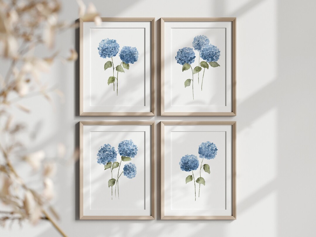 Modern Hydrangea Flowers in Denim Blue Set of 4 Prints - Etsy