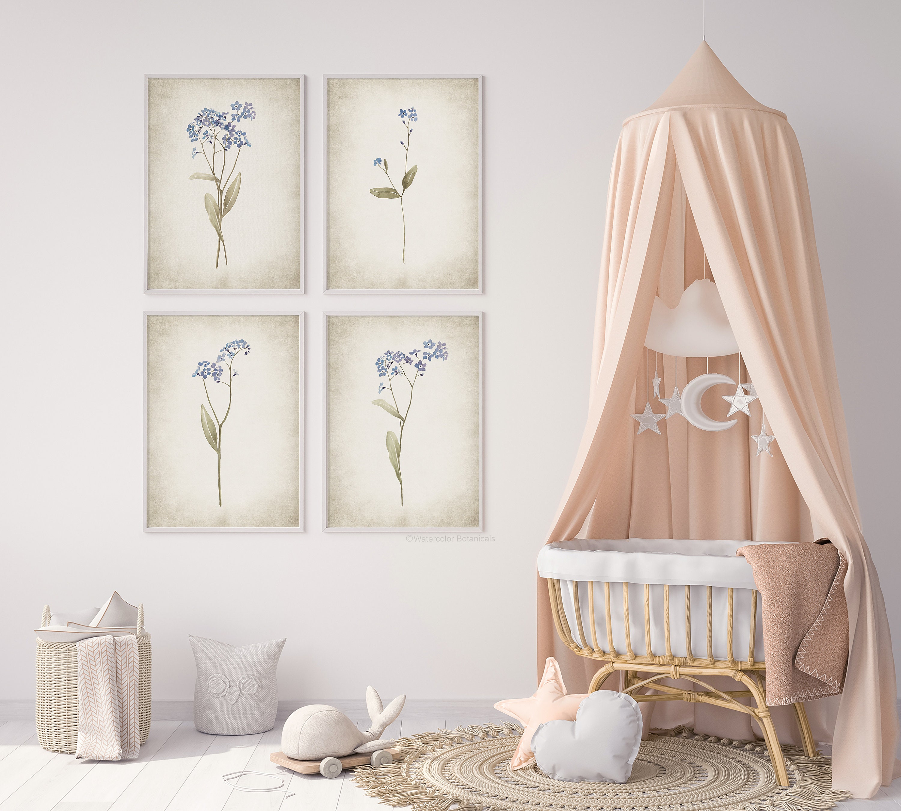 Forget Me Not Painting Modern Vintage Wall Art Watercolor - Etsy
