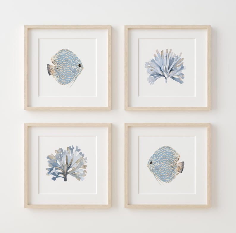 Discus Fish and Seaweed Wall Art – Minimalist Set of 4 Prints, Light ...