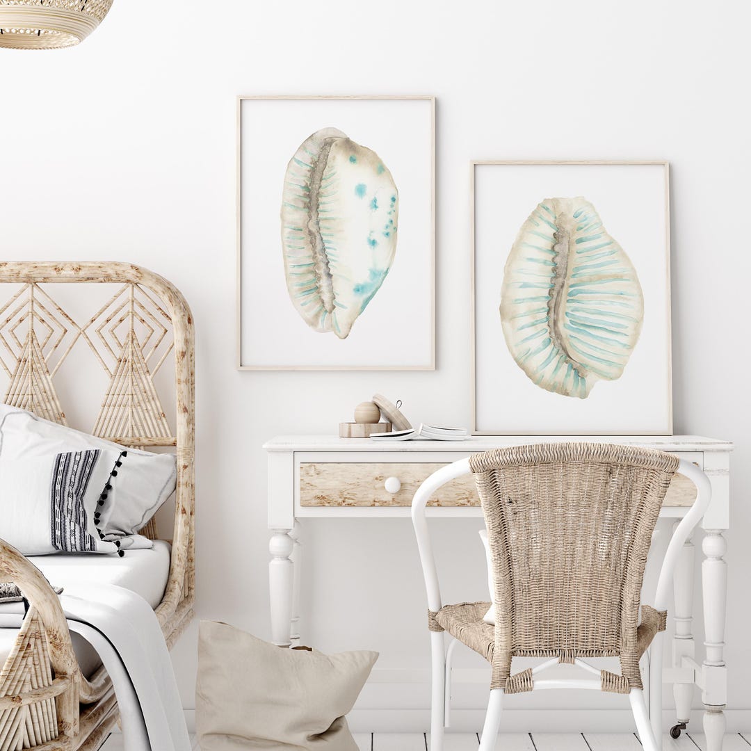 Cowrie Shell Watercolor Art Print Set – Coastal Wall Decor, Nautical ...