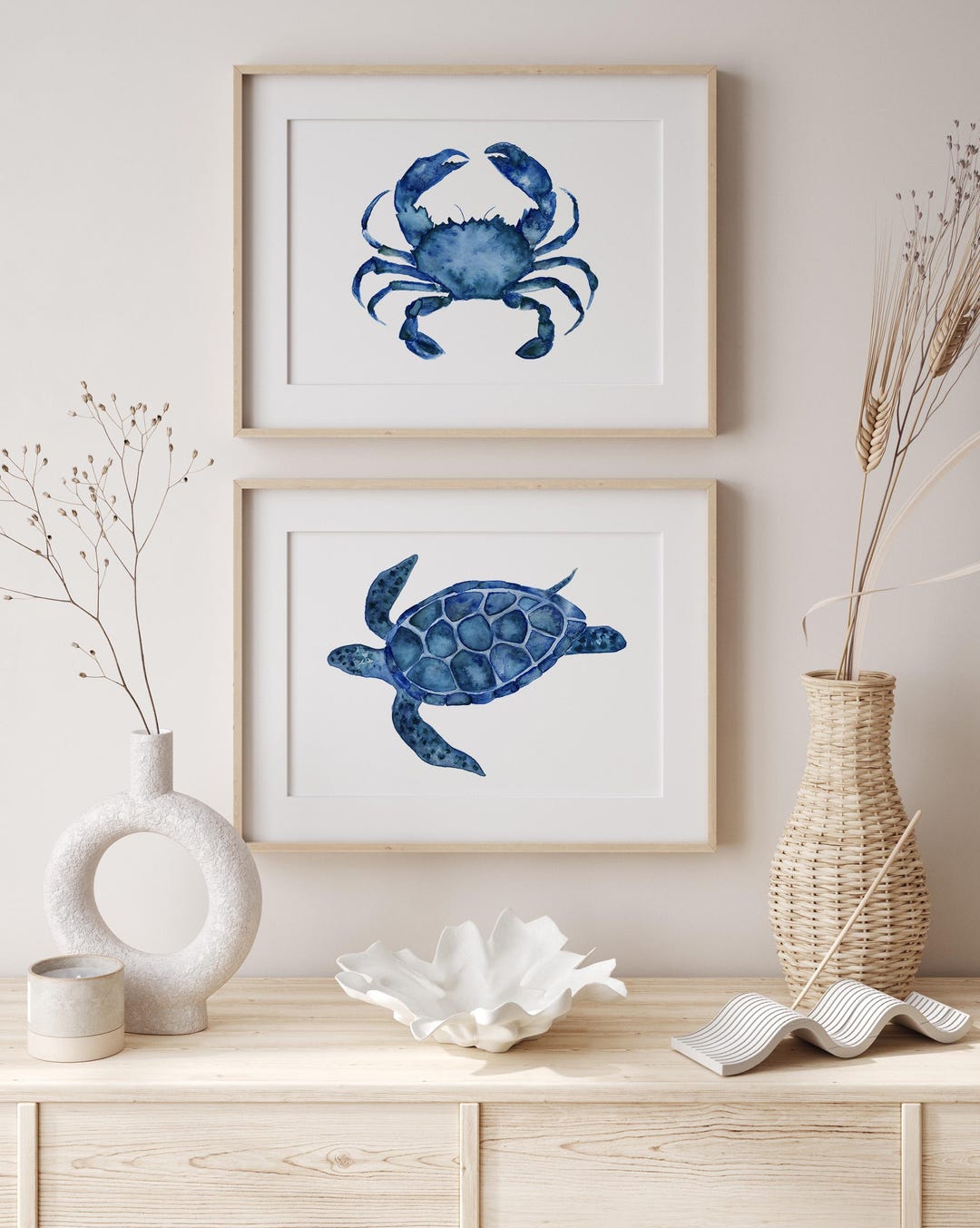 Indigo Sea Life Watercolor Art Print Set of 2 Prints Nautical Beach ...