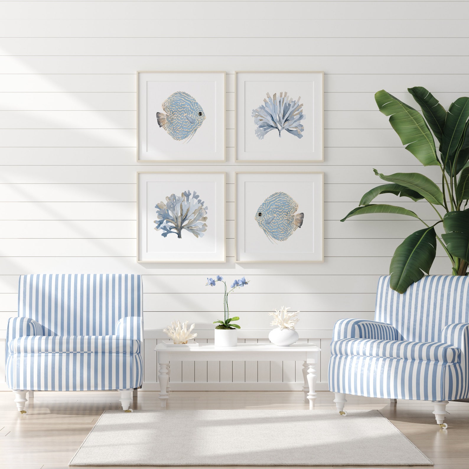 Discus Fish and Seaweed Wall Art – Minimalist Set of 4 Prints, Light ...