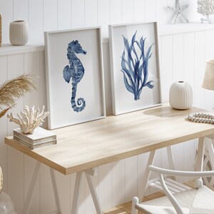 Watercolor Sea Life, Set of 2 Coastal Posters in Navy Blue, Minimalist ...