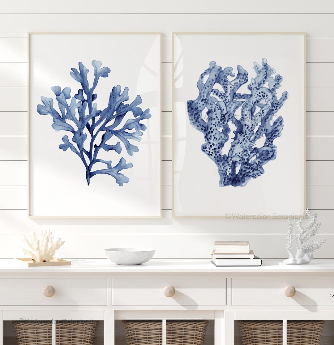 Bold Blue Coral Duo – Hamptons Coastal Watercolor Prints (set of 2) - Etsy