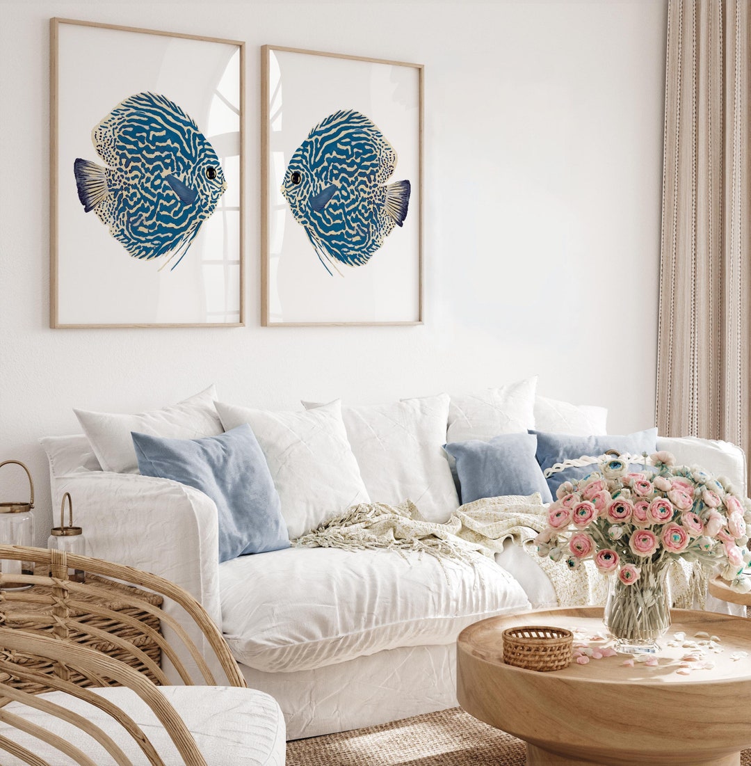 Navy Blue Discus Fish, Modern Minimalist Wall Art, Coastal Prints, Set ...