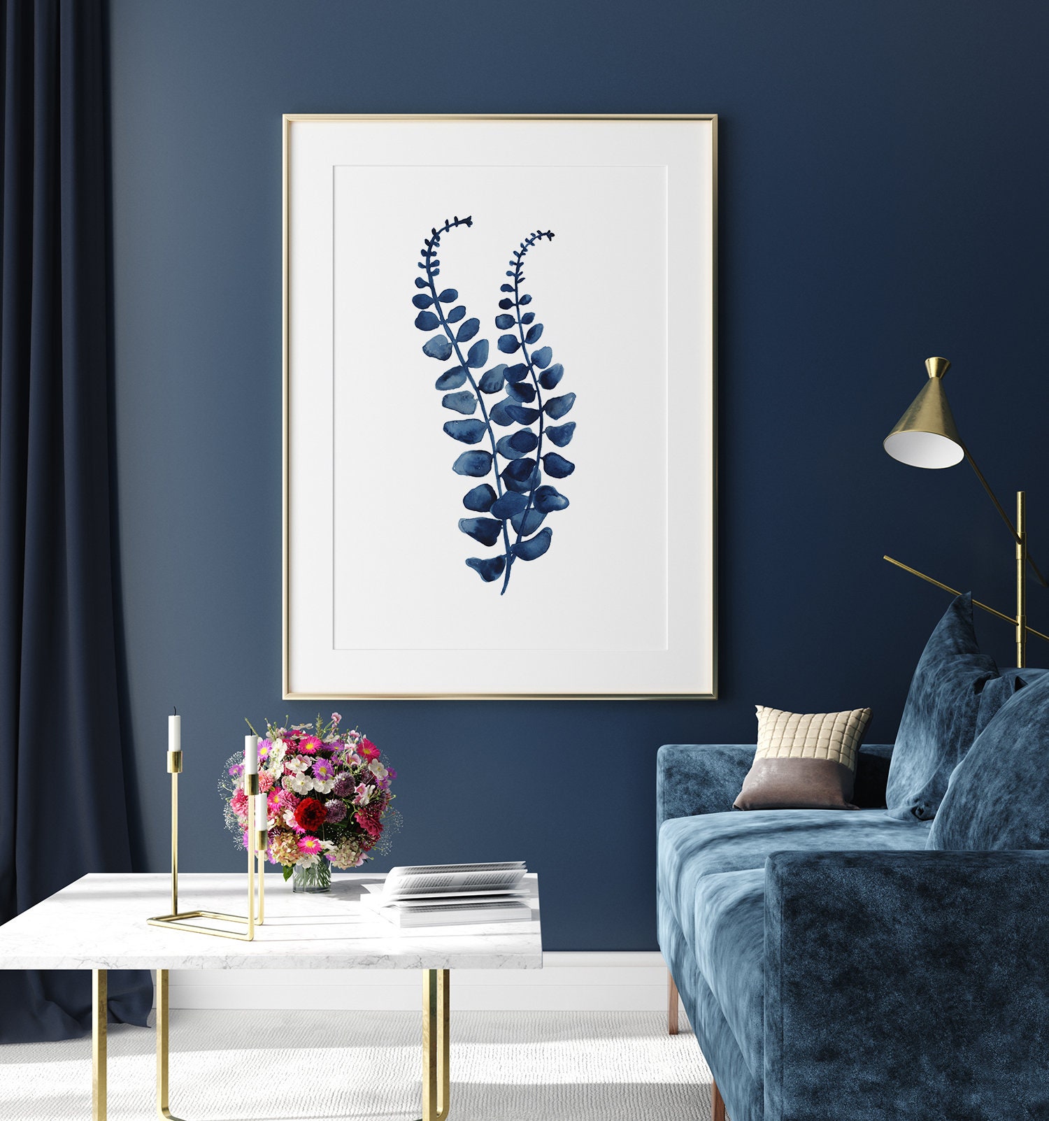 Navy Blue Ferns Watercolor Set of 3 Prints Minimalist Wall - Etsy