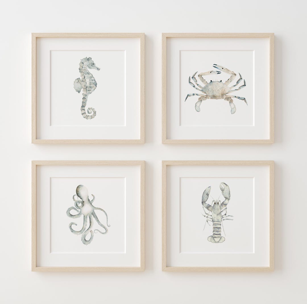 Neutral Toned Sea Life Watercolor Prints – Set of 4 Minimalist Coastal ...