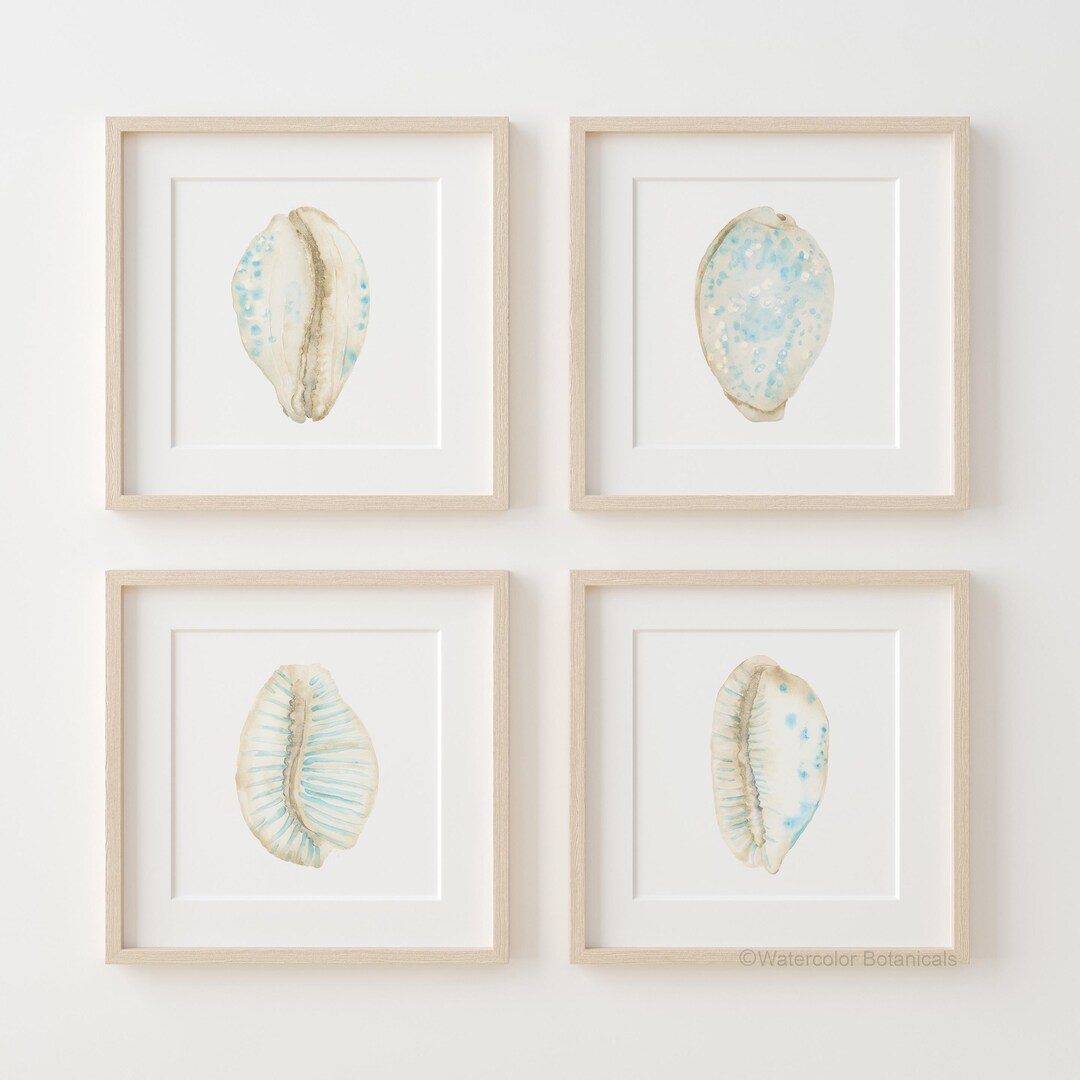 Set of 4 Cowrie Shells Prints – Coastal Seashell Wall Art, Watercolor ...