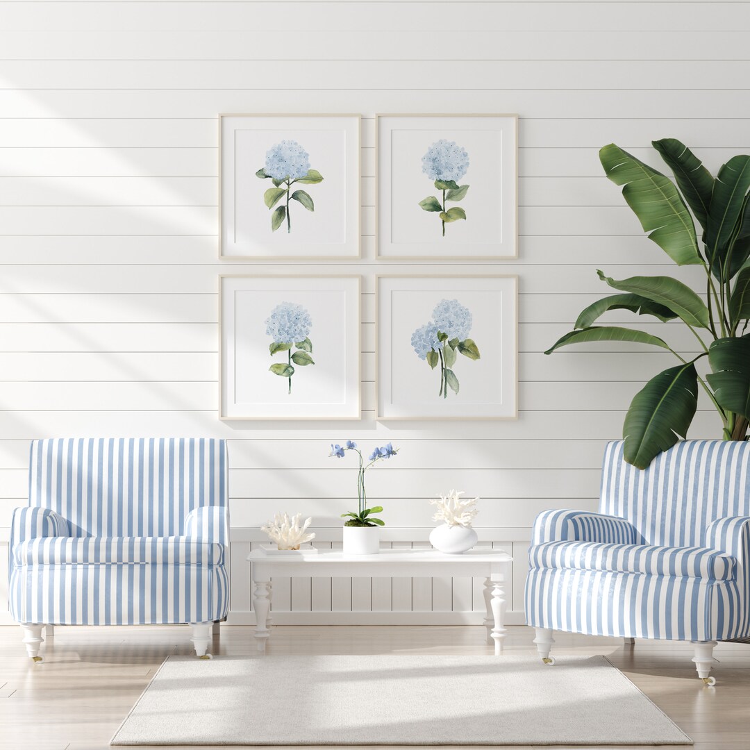 Powder Blue Hydrangea Art Set Set of 4 Minimalist Floral Prints, Airy ...