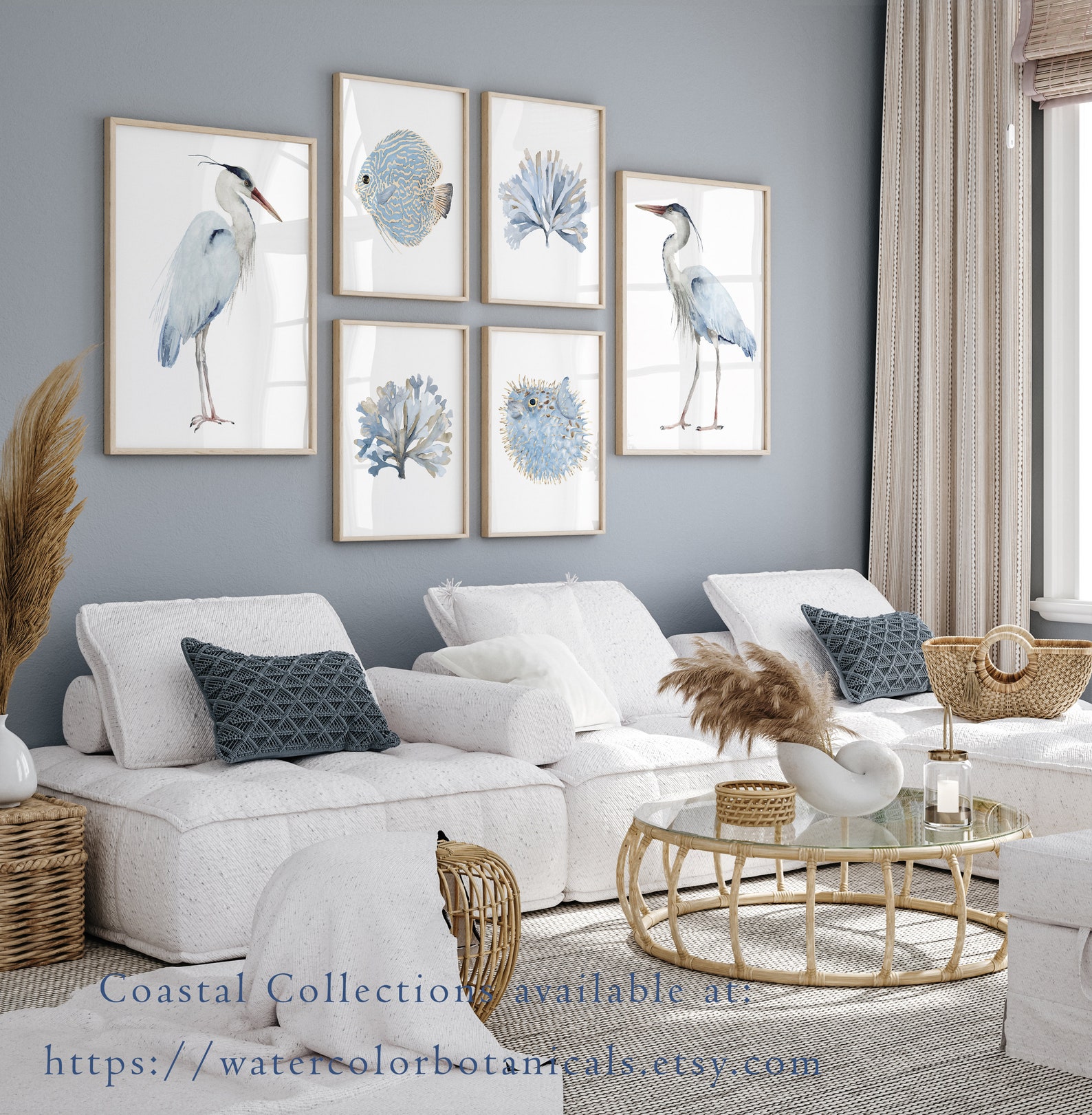 Coastal Watercolor Set of 4 Prints, Minimalist Wall Decor in Blue ...