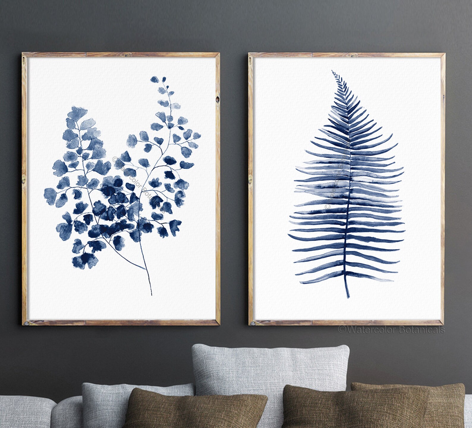 Navy Blue Watercolor Fern Set of 2 Prints Botanical Print Leaf - Etsy