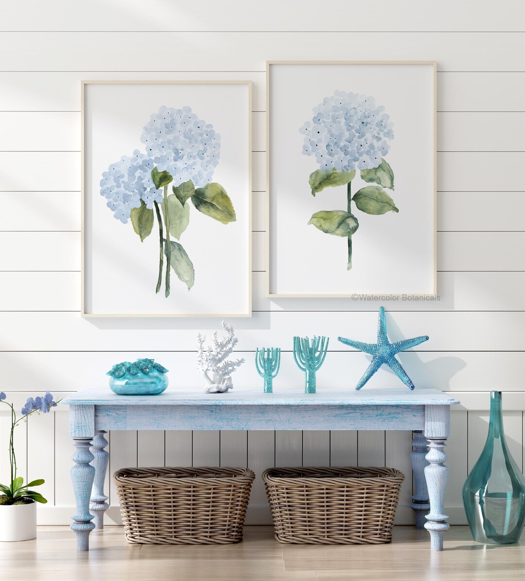 Blue Hydrangea Minimalist Set of 2 Prints, Modern Coastal Light Art ...