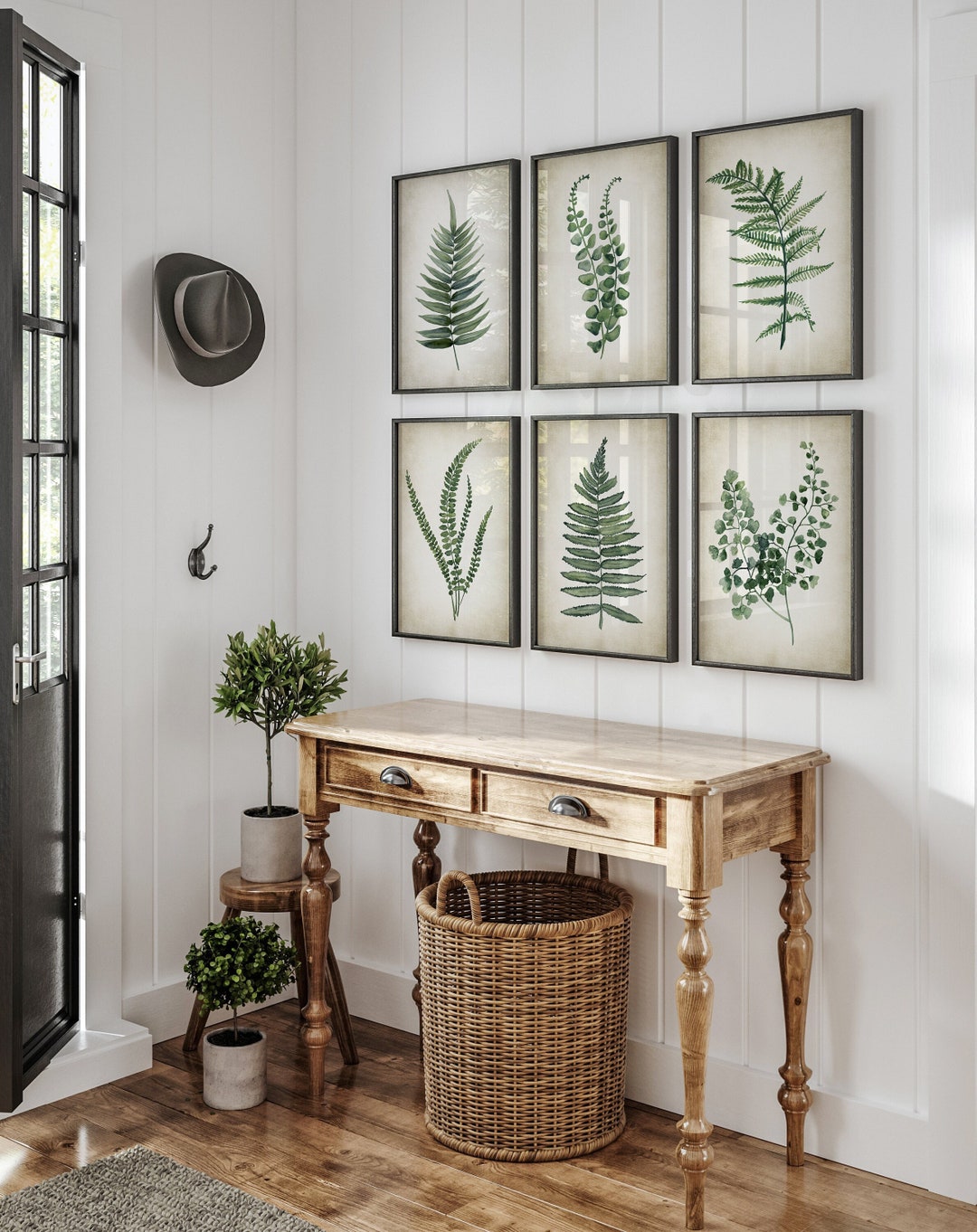 6 Watercolor Ferns on Vintage Background, Modern Farmhouse Wall Decor ...