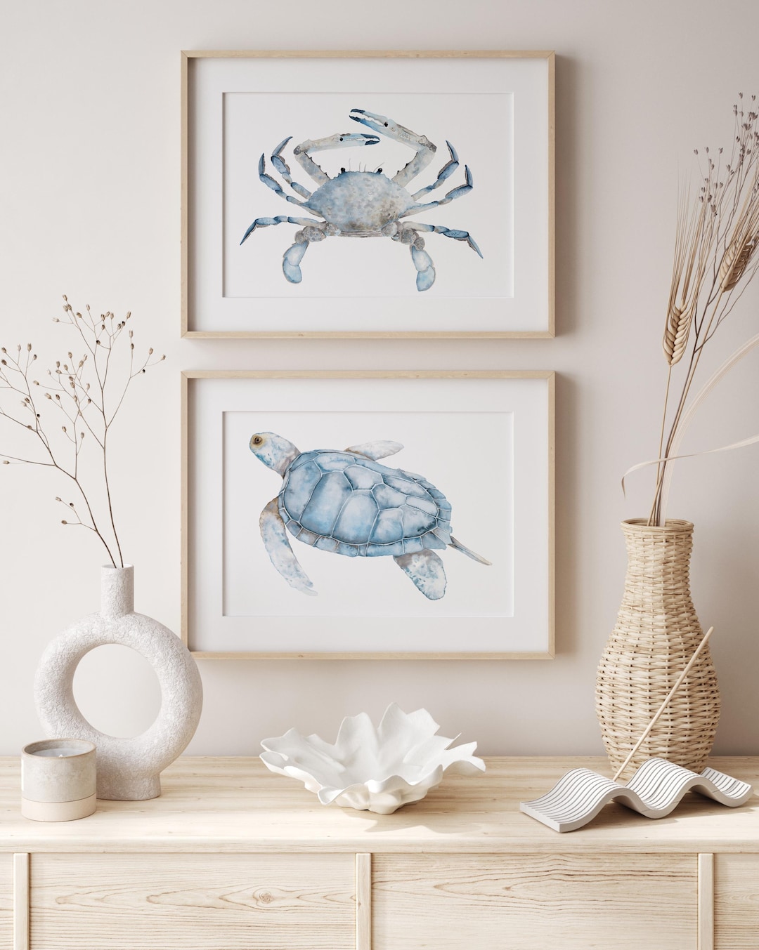 Coastal Blue Crab & Turtle Wall Art, Light Blue Nautical Prints, Beach ...