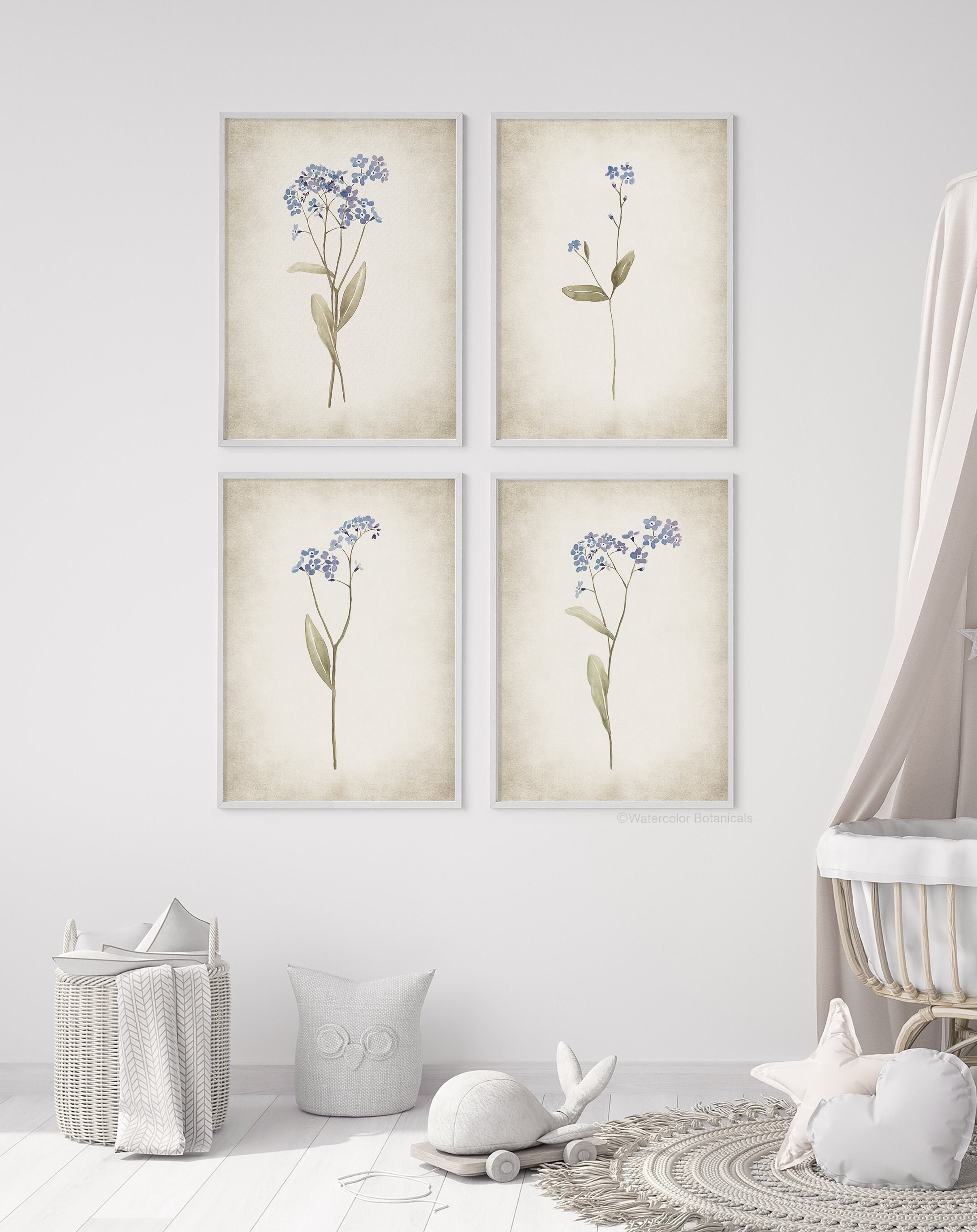 Forget Me Not Painting Modern Vintage Wall Art Watercolor - Etsy