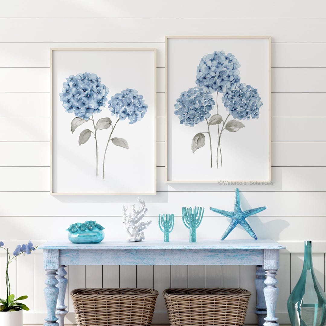 Royal Blue Hydrangea Watercolor Prints – Set of 2 Elegant Floral Wall ...