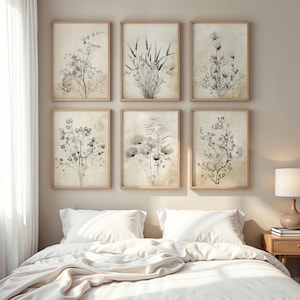 Modern Farmhouse Set of 6 Prints, Black Flowers on Rustic Background ...