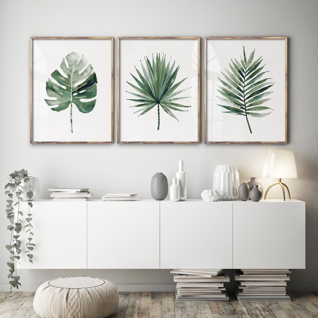 Tropical Japandi Watercolor Leaf Prints – Monstera & Fan Palm Leaf Art ...