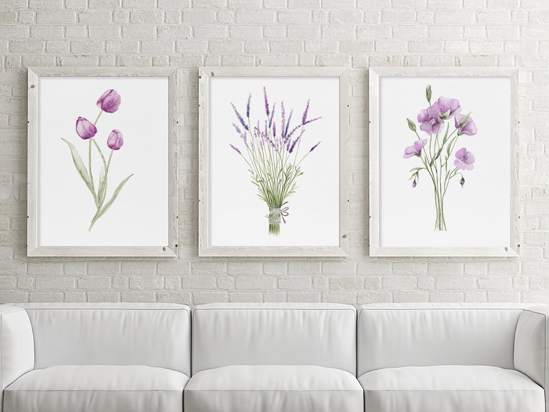 Set of 3 Watercolor Prints, Minimalist Lavender Tulips Flax Flowers in ...