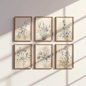 Modern Farmhouse Set of 6 Prints, Black Flowers on Rustic Background ...