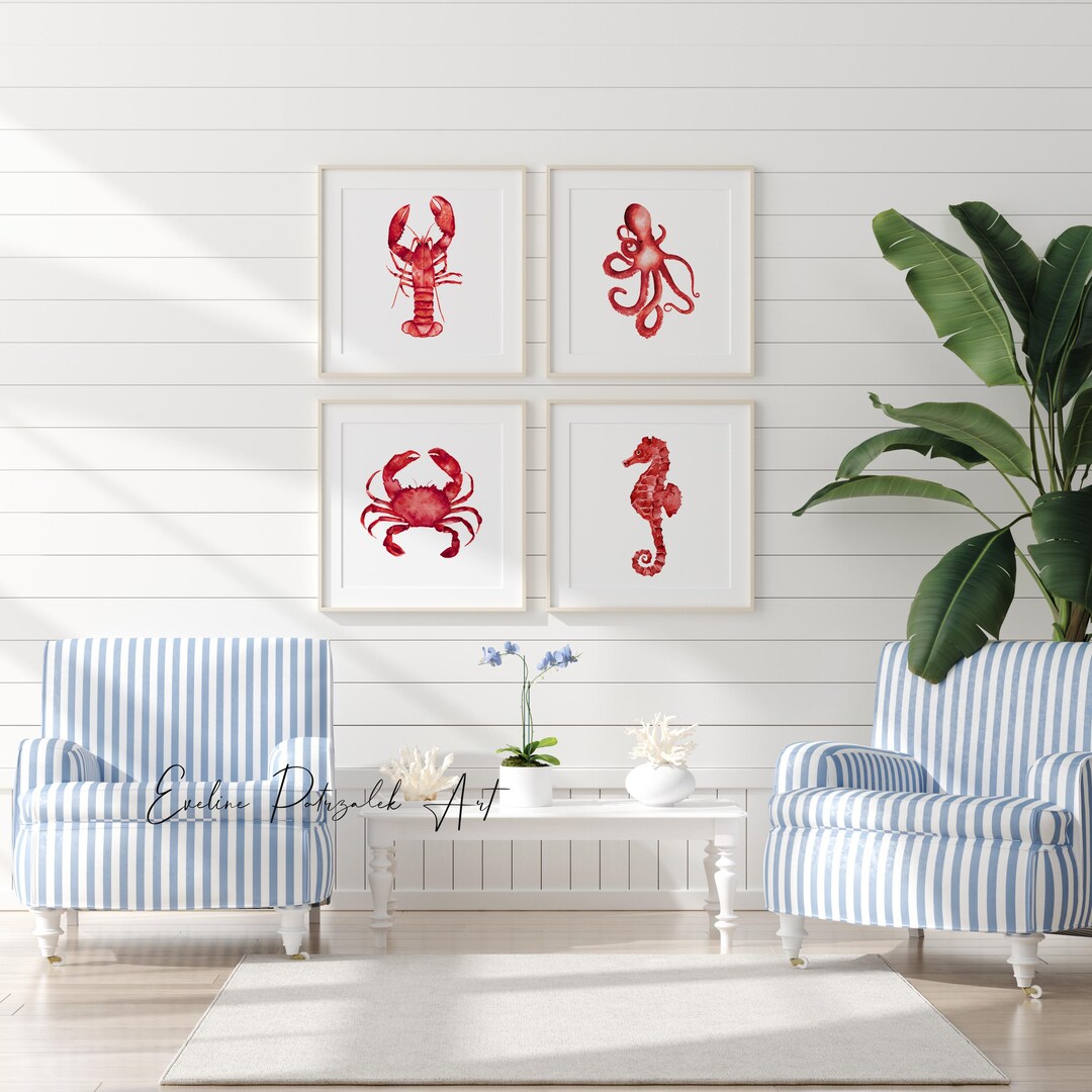 Bold Red Sea Animals Collection – Set of 4 Coastal Watercolor Prints ...