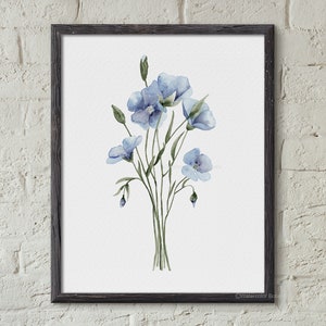 Watercolor Blue Flax Flowers Print, Wild Flowers Bundle, Botanical ...