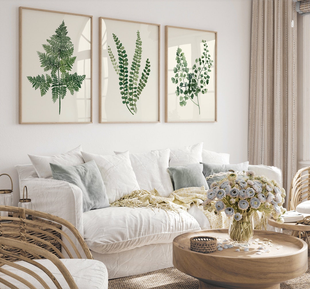 Green Watercolor Ferns on CREAM Background, Modern Farmhouse Botanical ...