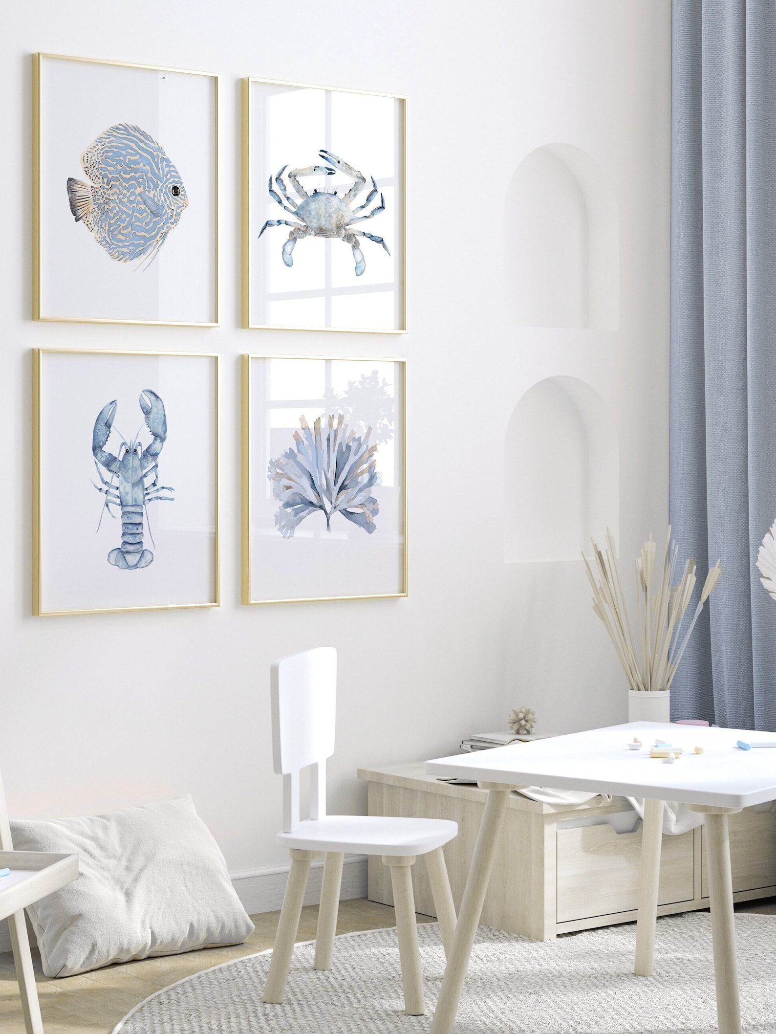 Coastal Watercolor Set of 4 Prints, Minimalist Wall Decor in Blue ...