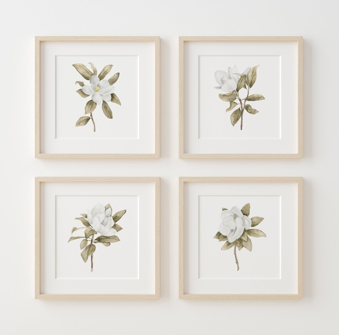 White Magnolia Painting in Neutral Colors, Minimalist Wall Decor, Set ...