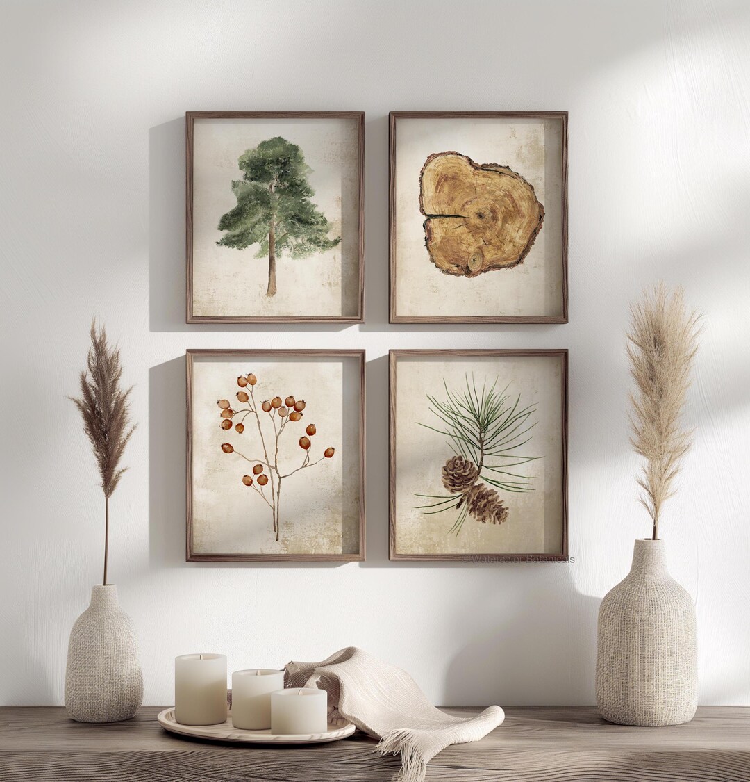 Modern Farmhouse Autumn Art on Rustic Background, Watercolor Rosehip ...