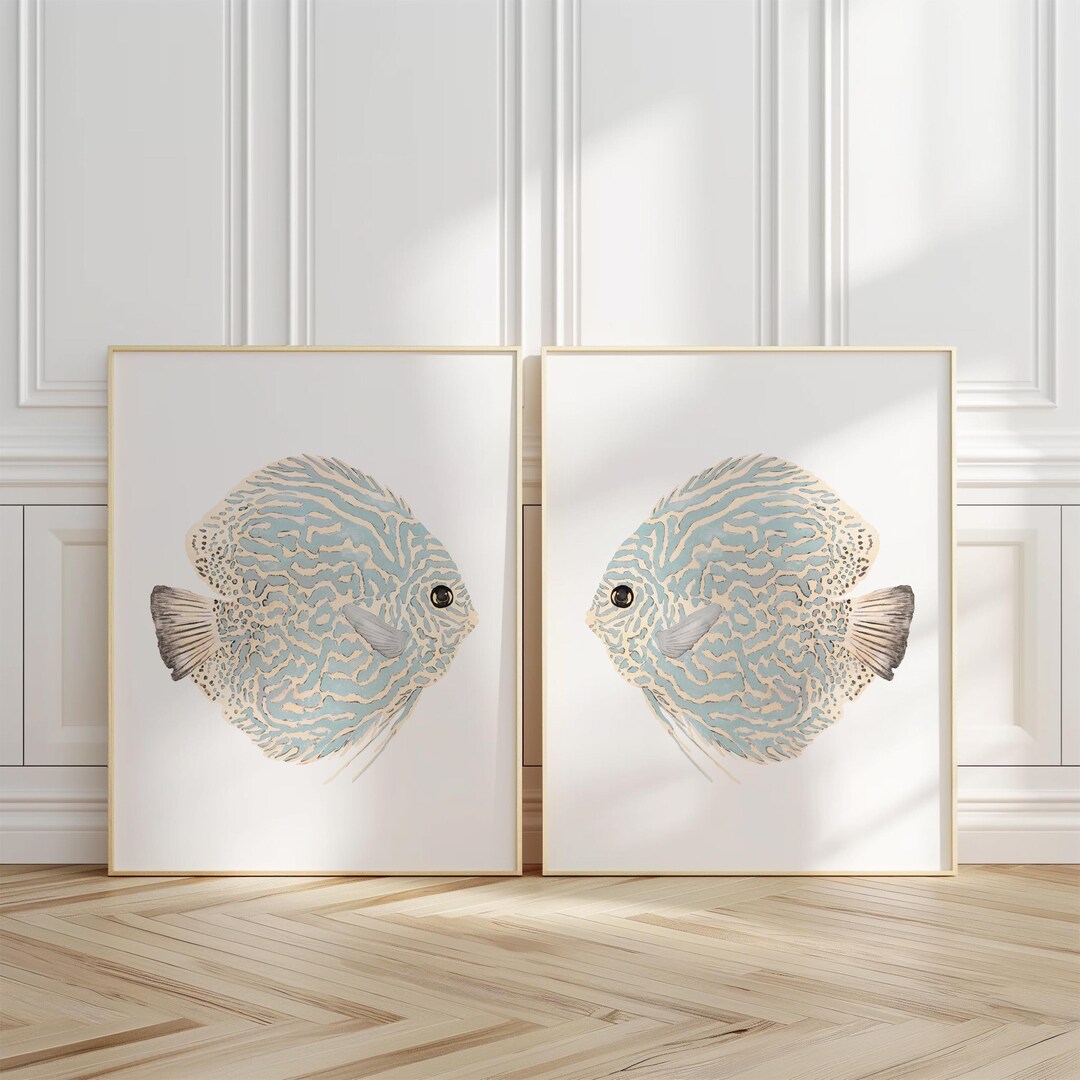 Extra Light Teal Discus Fish, Abstract Sea Creatures, Coastal Boho Wall ...