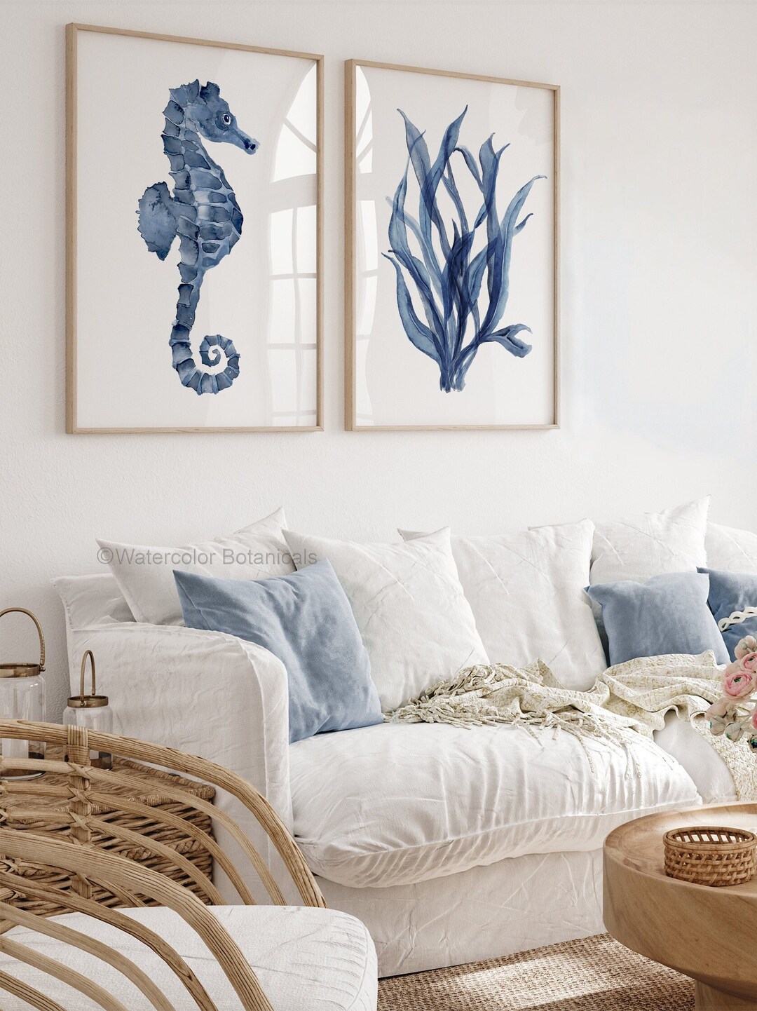 Watercolor Sea Life, Set of 2 Coastal Posters in Navy Blue, Minimalist ...