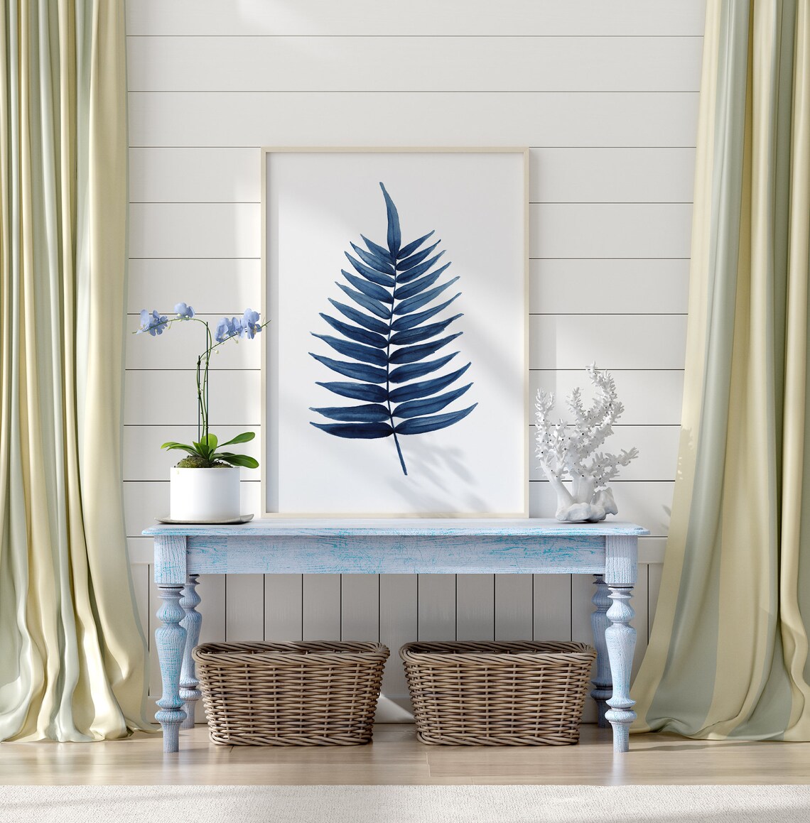 Navy Blue Ferns Watercolor Set of 3 Prints Minimalist Wall - Etsy