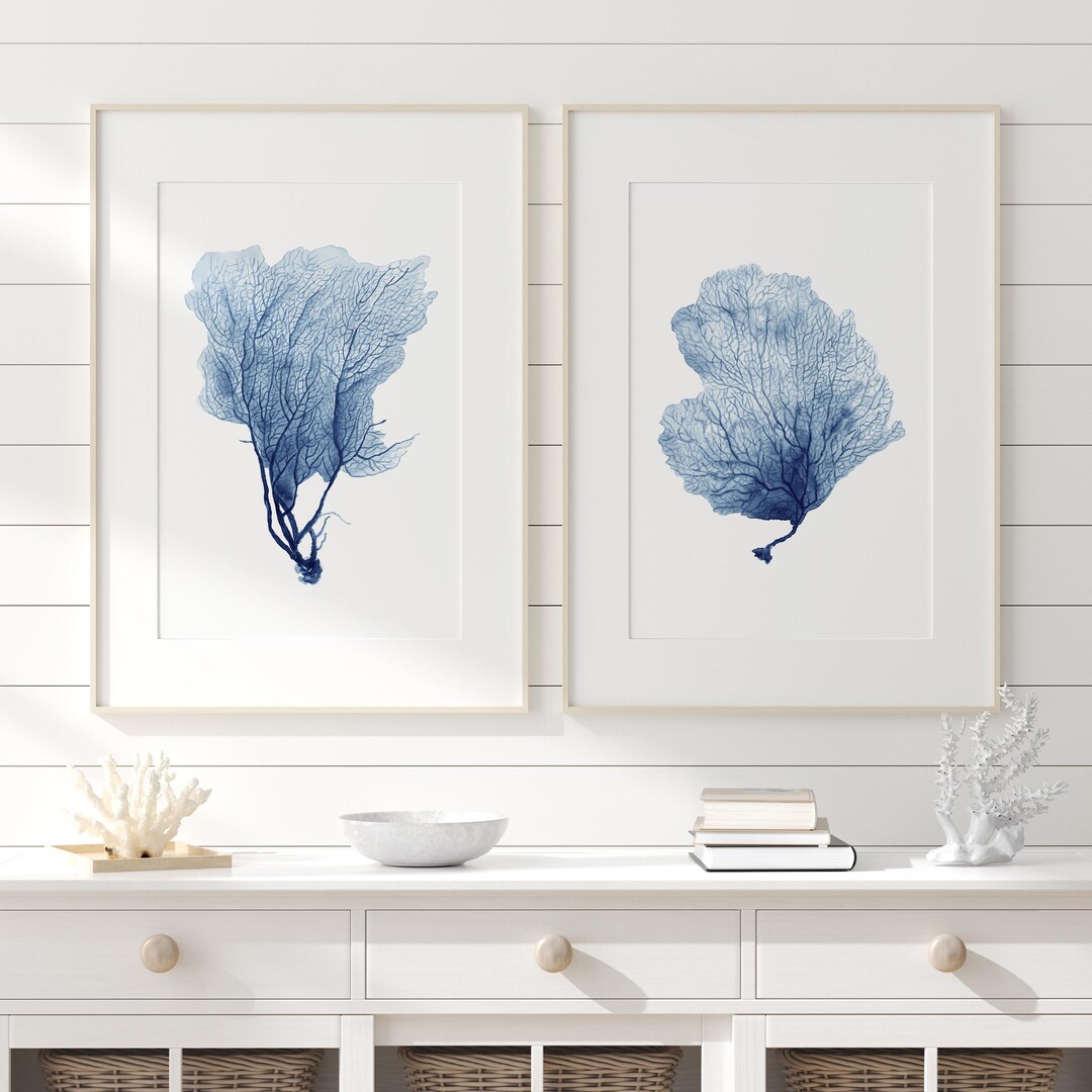 Indigo Sea Fan Posters, Minimalist Art, Set of 2 Prints, Nautical Wall ...