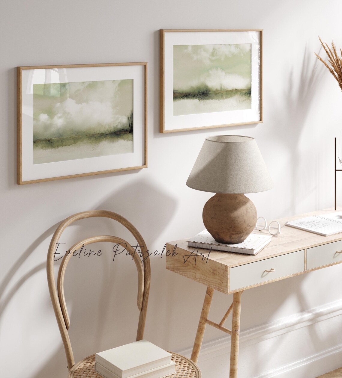 Moss Green Landscape Duo – Soft Watercolor Horizon Prints, Minimal ...