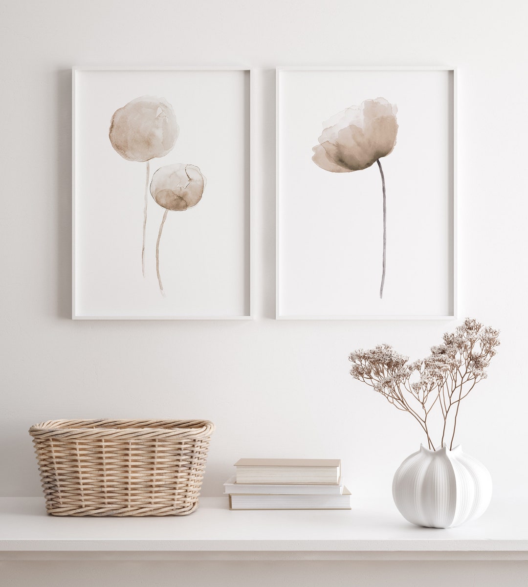 Watercolor Poppy Beige Abstract Flower Set of 2 Prints Floral Room ...
