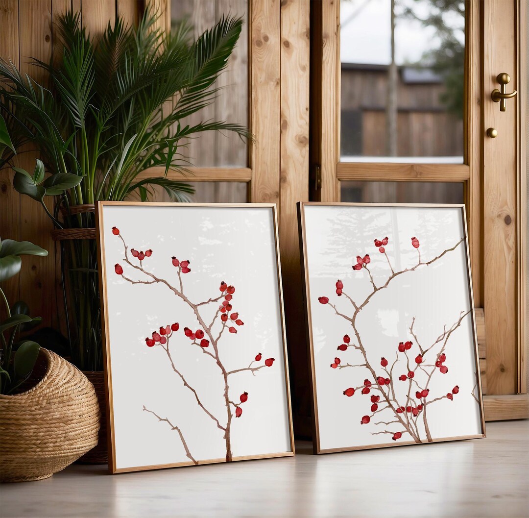 Red Wall Art, Watercolor Rosehip Painting, Berries Branch, Set of 2 ...